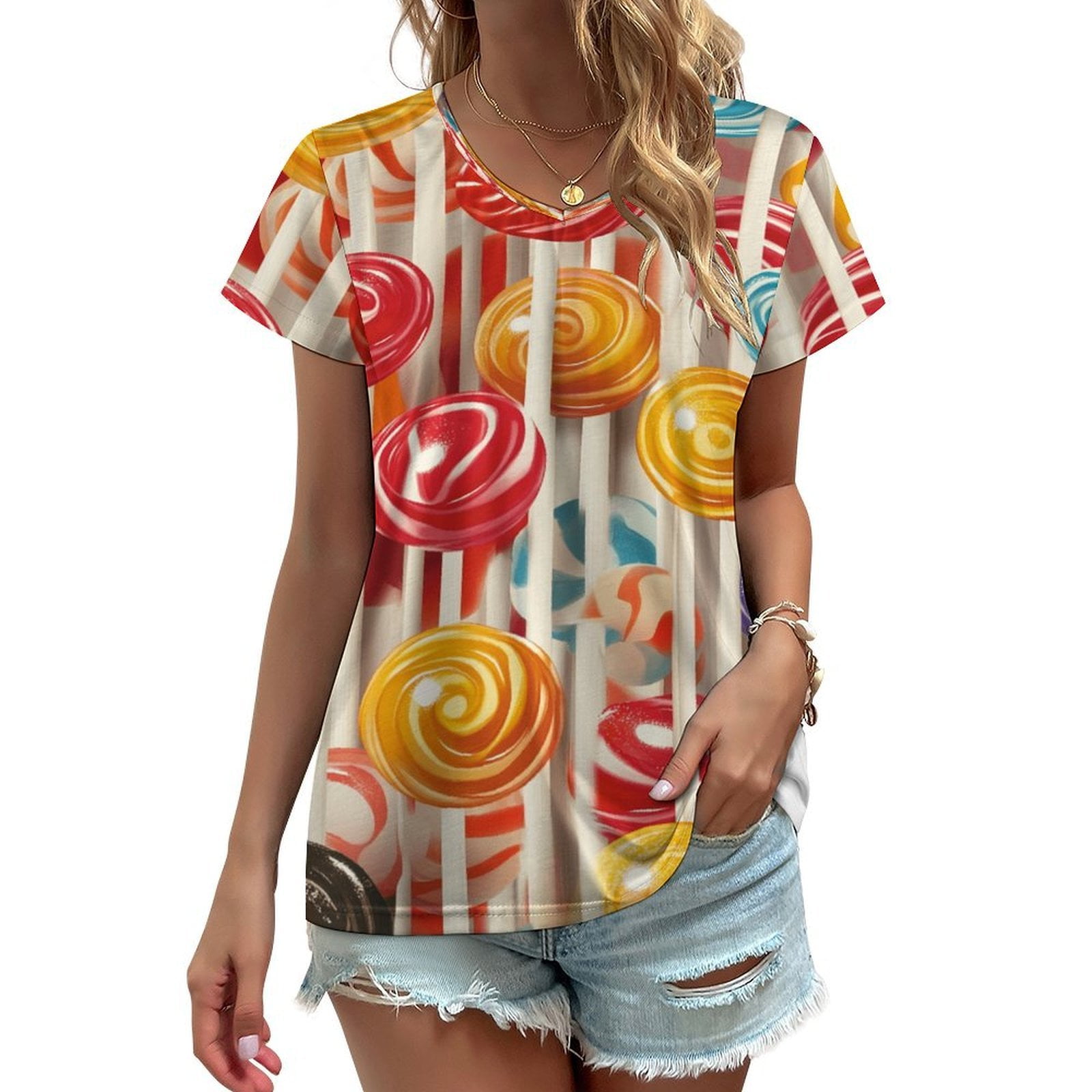 Candy Pattern Rainbow Lollipop Women's Blouse Short Sleeve Women's Top ...