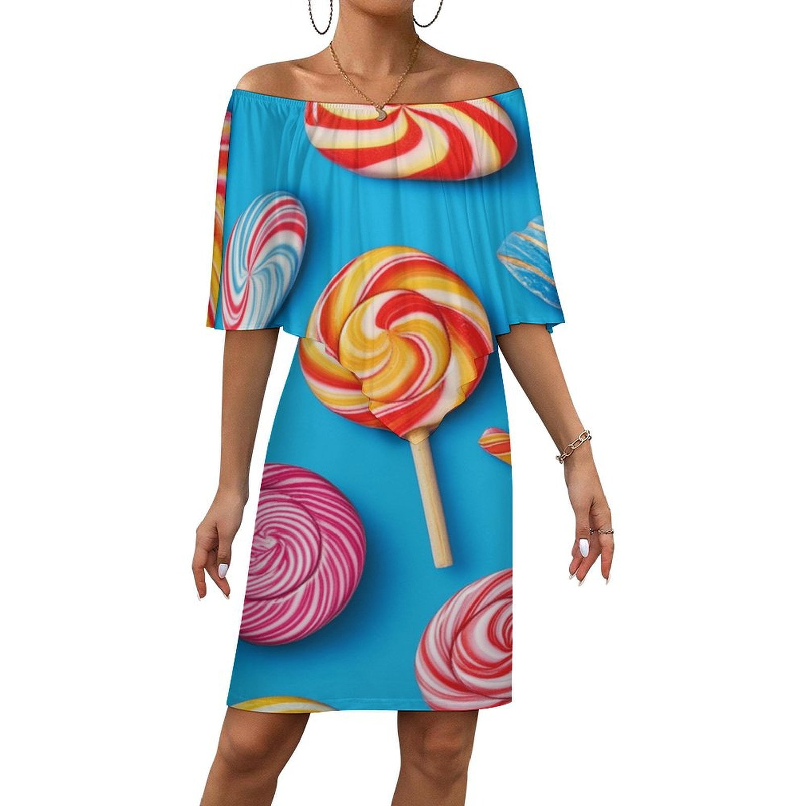 Candy Pattern Rainbow Lollipop Women's Off The Shoulder Ruffles Summer ...