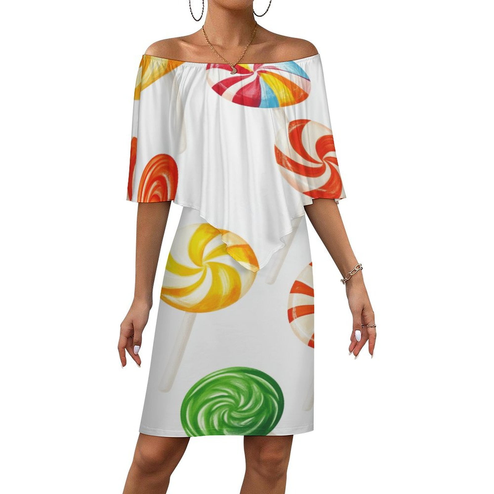 Candy Pattern Rainbow Lollipop Women's Off The Shoulder Ruffles Summer ...