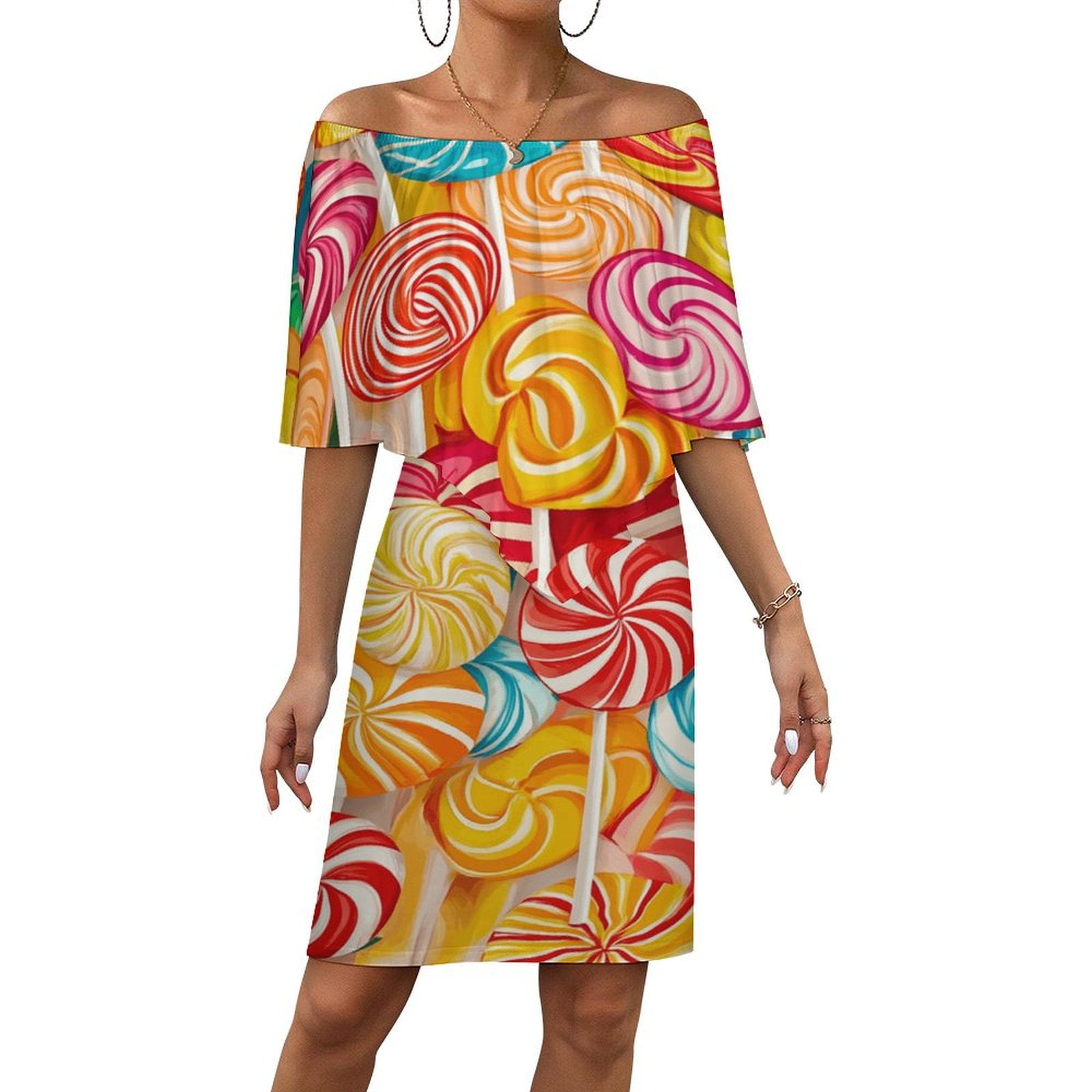 Candy Pattern Rainbow Lollipop Women's Off The Shoulder Ruffles Summer ...