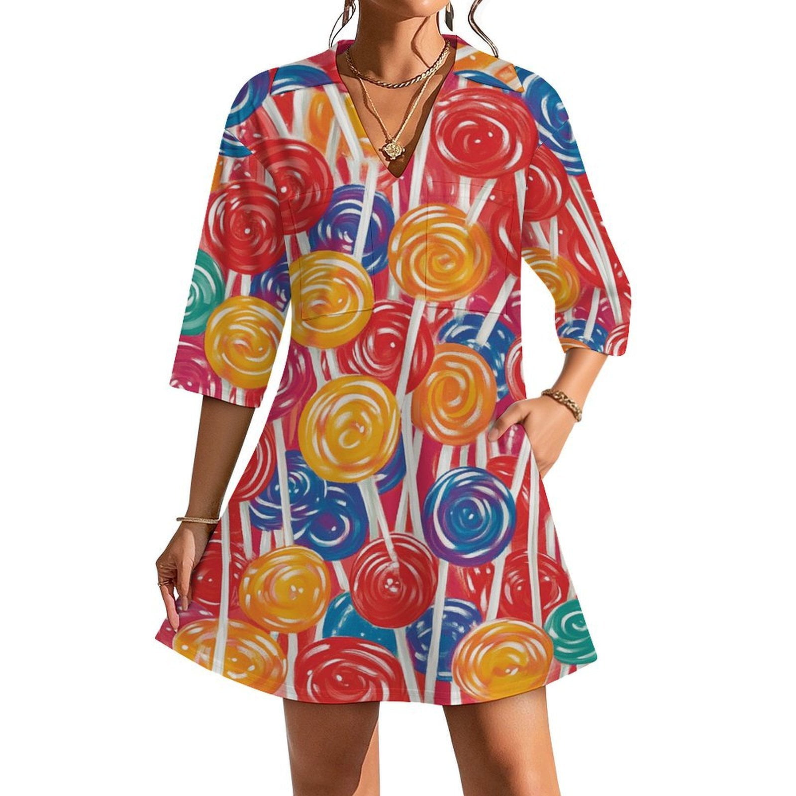 Candy Pattern Rainbow Lollipop Womens Dress With Pockets Summer V Neck ...