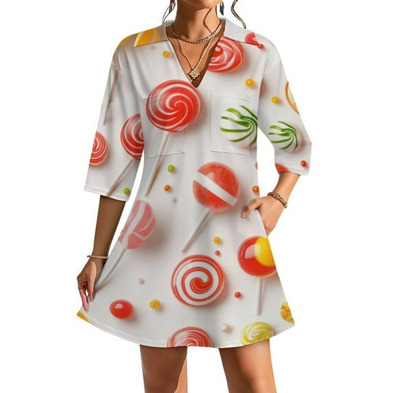 Candy Pattern Rainbow Lollipop Womens Dress With Pockets Summer V Neck ...