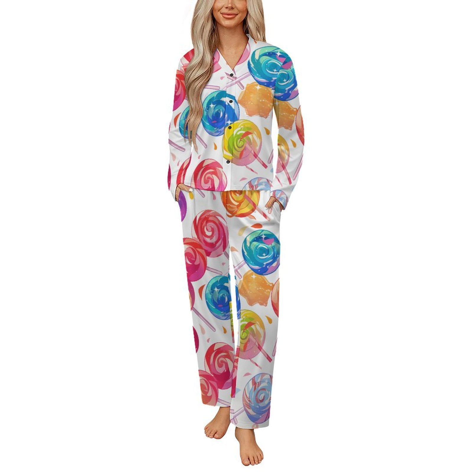Candy Pattern Rainbow Lollipop Womens Pyjamas Set Button Up Pyjamas ...