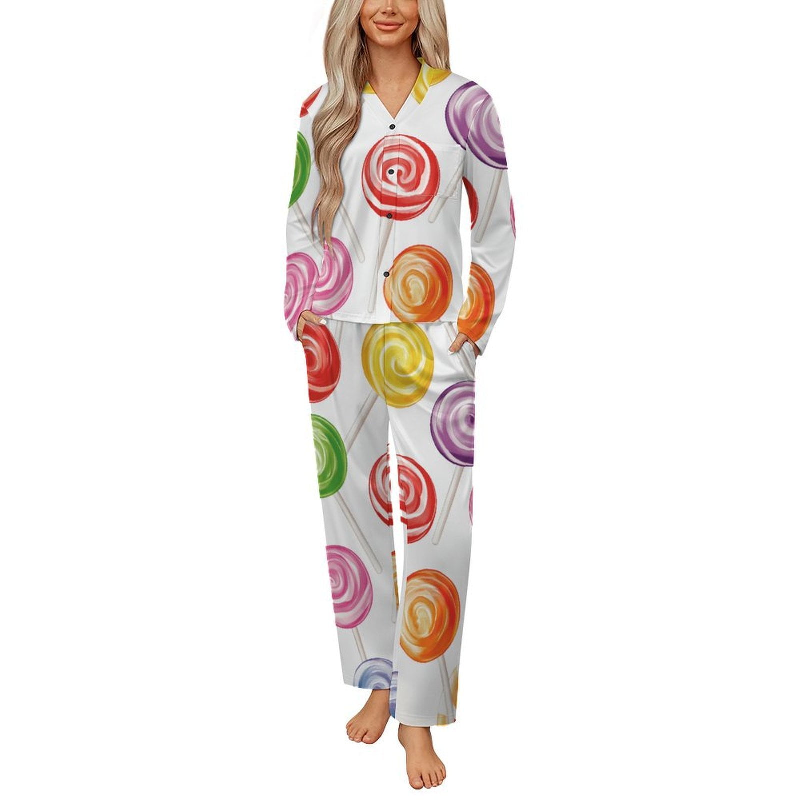 Candy Pattern Rainbow Lollipop Womens Pyjamas Set Button Up Pyjamas ...