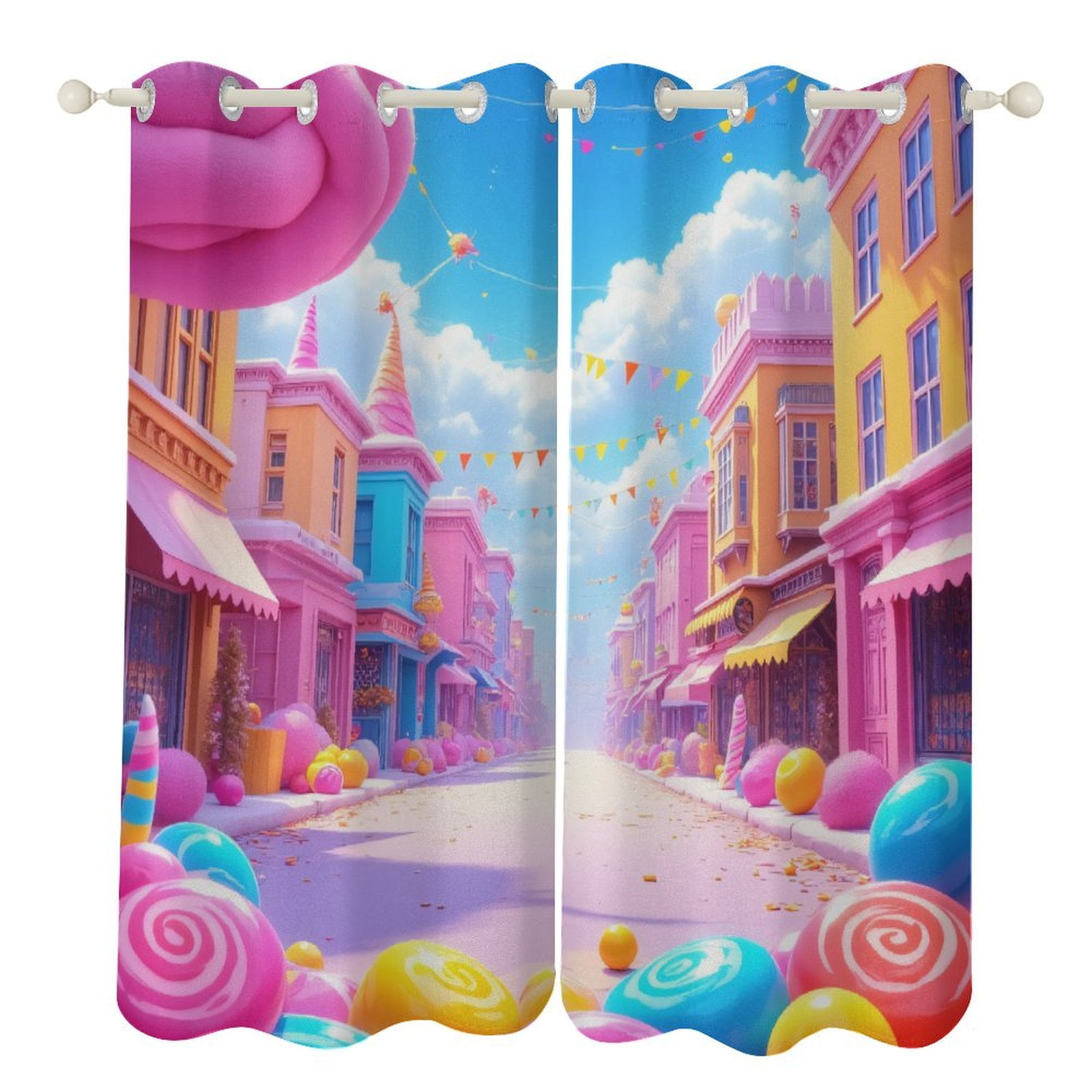 Candy Street in Pastel Town 2 Panels 3D Printing Pattern Curtain for Bedroom Living Room Kitchen ...