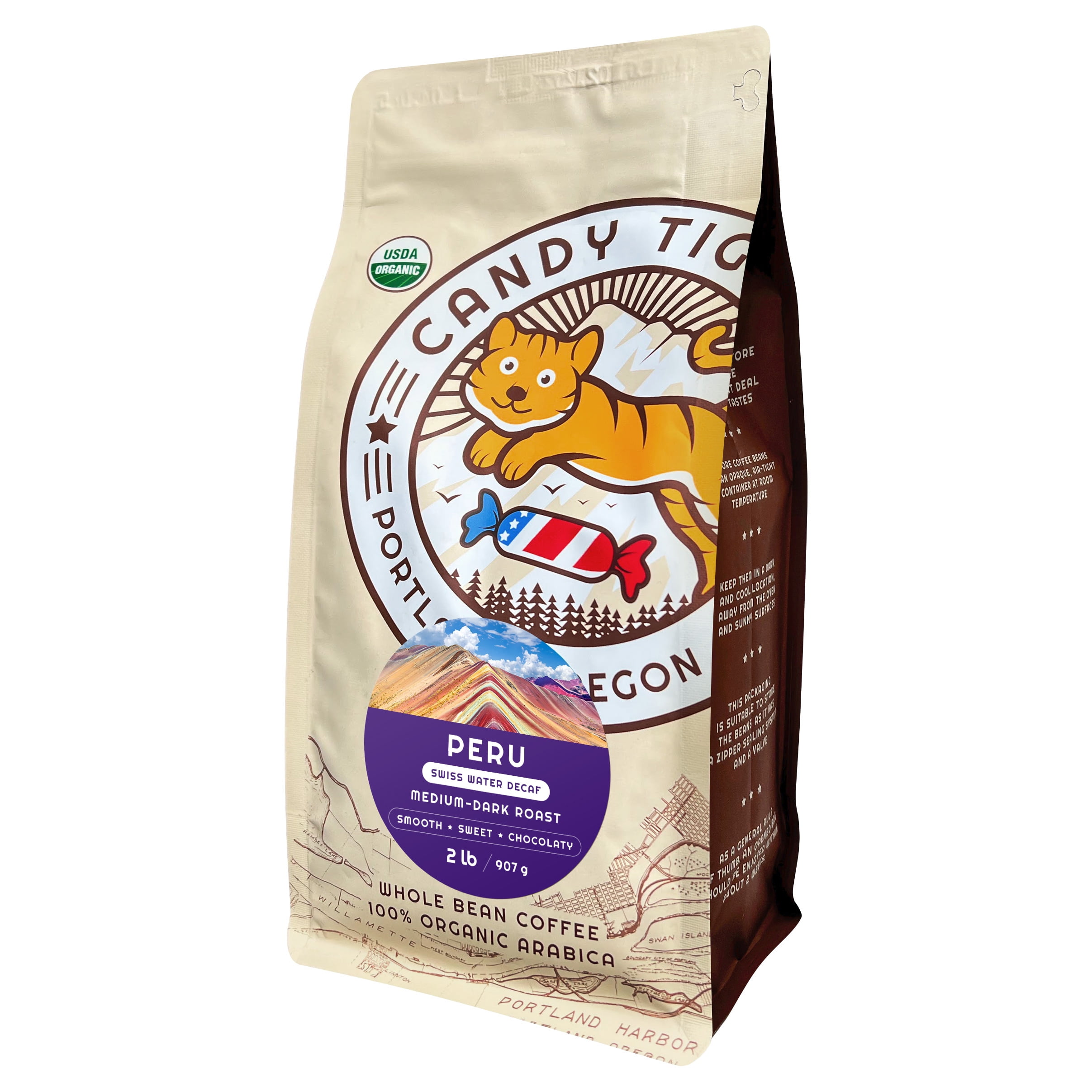 Candy Tiger USDA Organic Peruvian Coffee Beans - Swiss Water Decaffeinated Whole Bean Coffee ...
