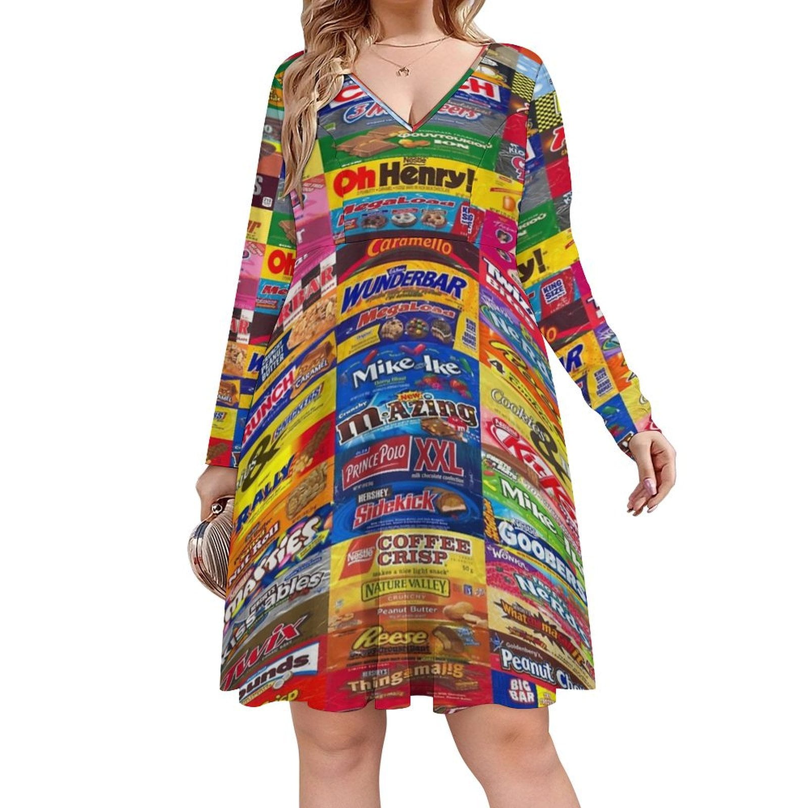 Candy Wrappers Long Sleeve Dresses For Women Vintage Elegant Party Dress Oversized V-neck Dress ...