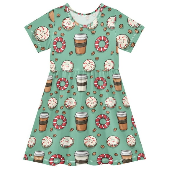 Candy and Coffee Cup Short Sleeve Dress A-Line Cute Midi Casual ...