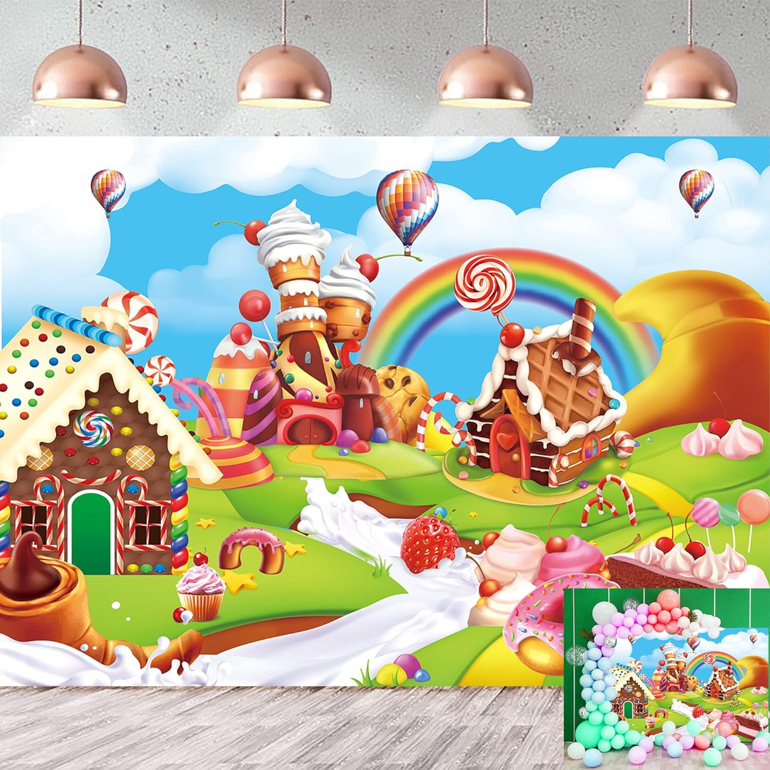 Candyland Backdrop Cartoon Rainbow Lollipop Icecream Sweet Donut Candy ...