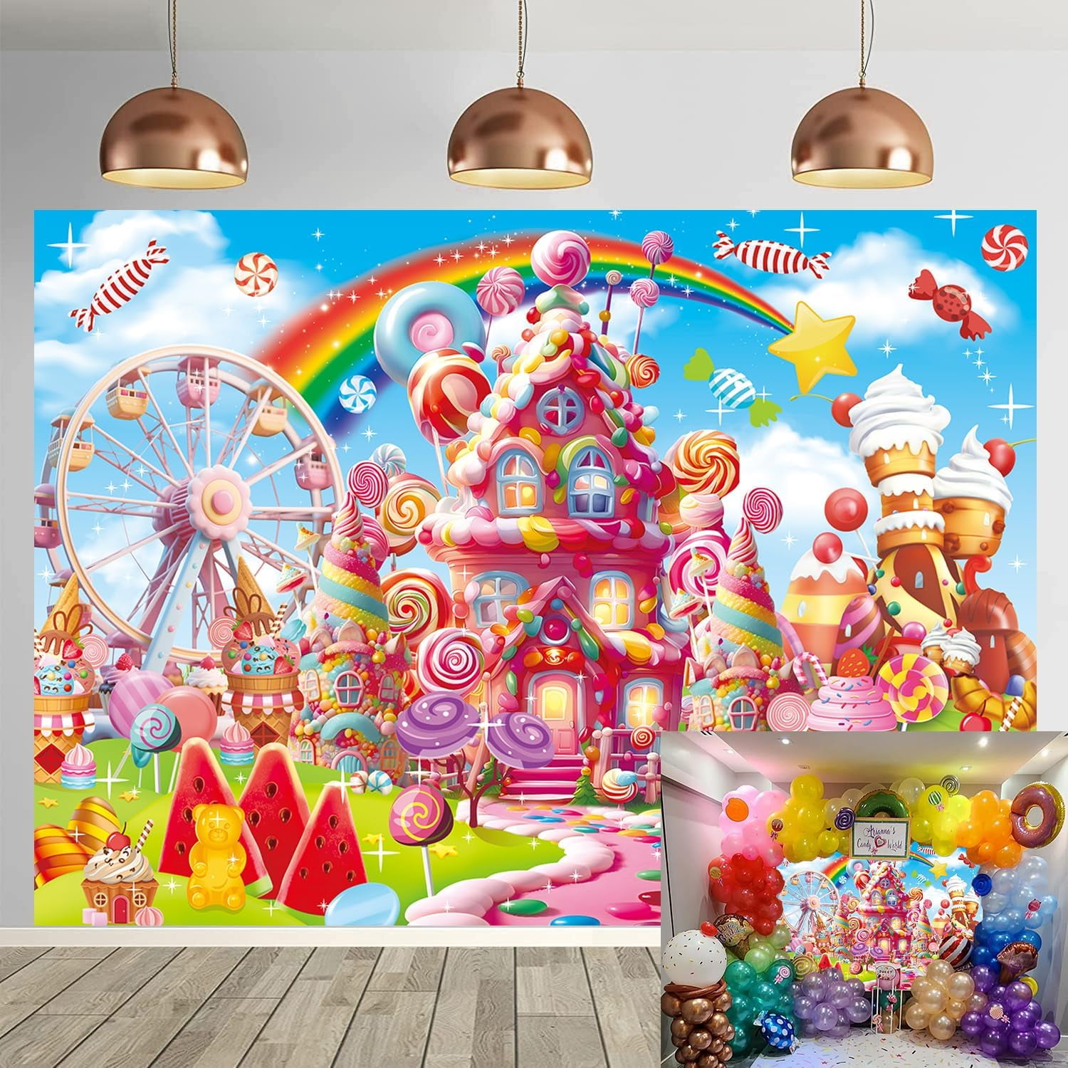 Candyland Backdrop for Photography Cartoon Rainbow Lollipop Ice Cream ...