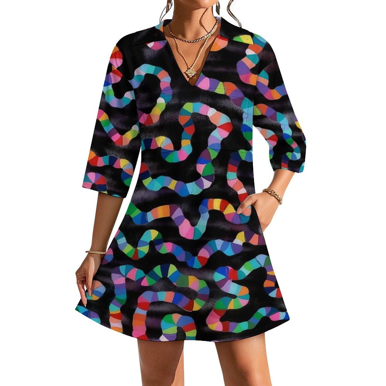 Candyland Experiment Womens Dress With Pockets Summer V Neck 3/4 Sleeve ...