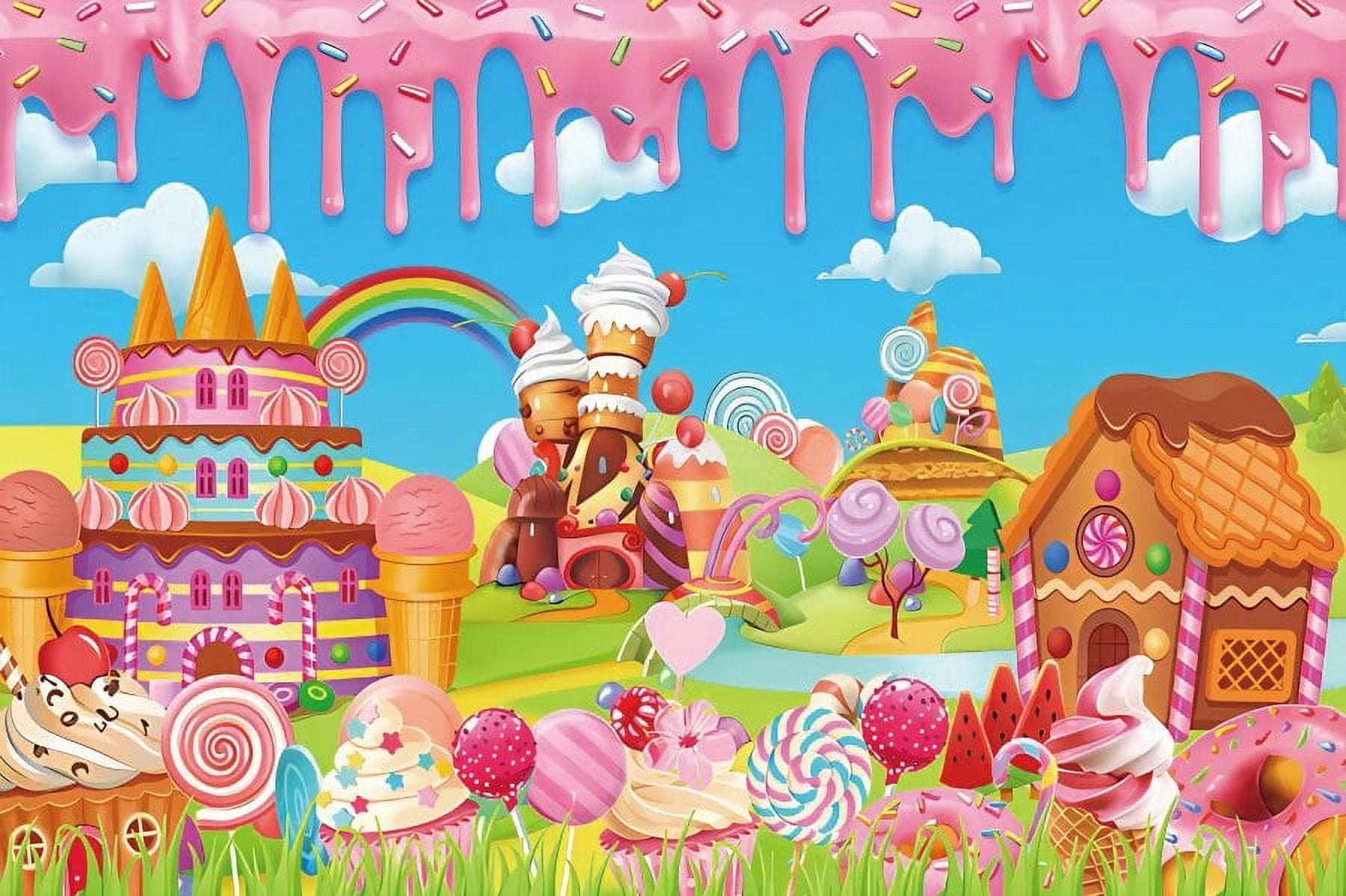 Candyland Lollipop Birthday Backdrop Sweet Candy Rainbow Donut Ice ...