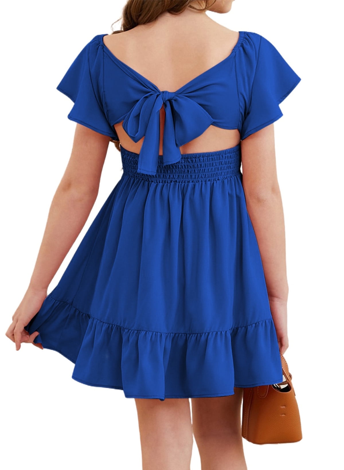 Canikat Girl Casual Dress Square Neck Tie Back Short Sleeve Tween ...