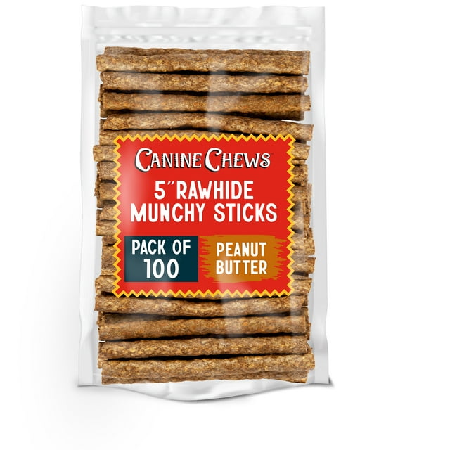Canine Chews 5" Munchy Rawhide Sticks Peanut Butter Flavor Dog Treats for Small Dogs (100 Pack ...