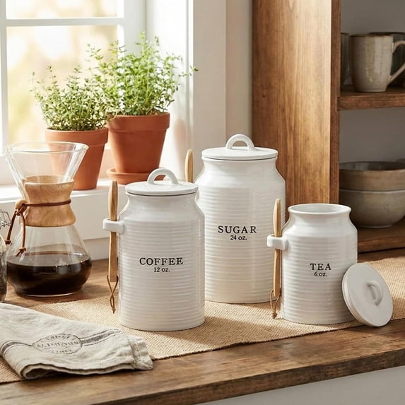 Canister Set for Kitchen Counter, Coffee Tea Sugar Container Ceramic ...
