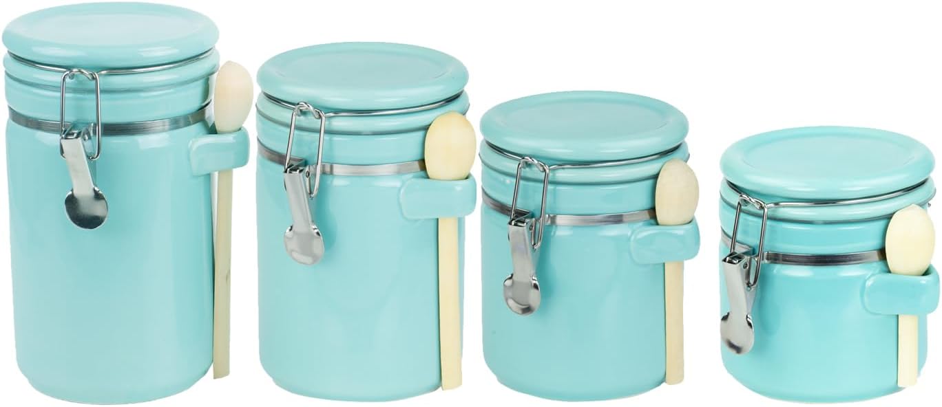 Canister Sets For The Kitchen (4 Piece) Turquoise, High Gloss Ceramic ...