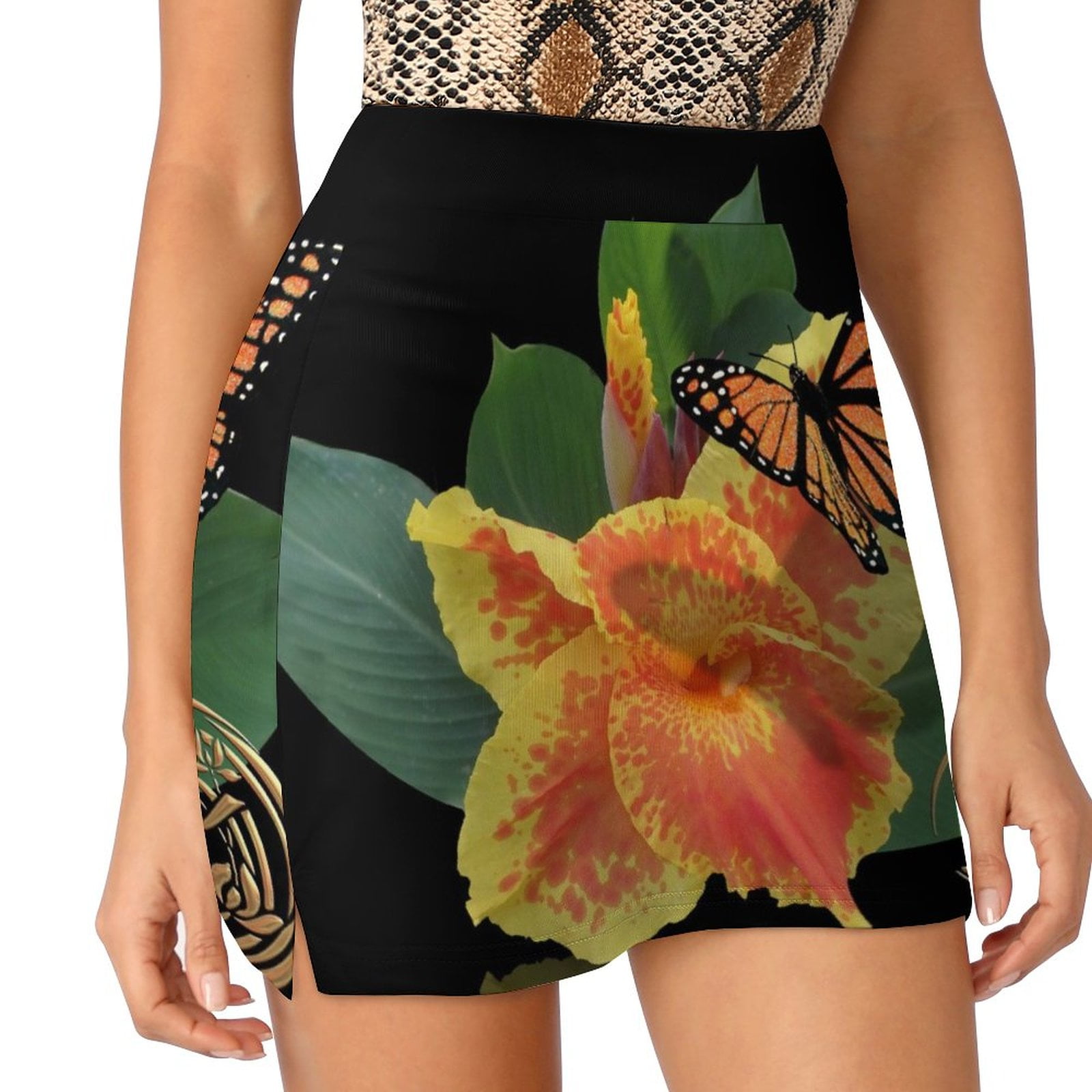 Canna Lily and Monarch Butterfly on black Light Proof Trouser Skirt ...