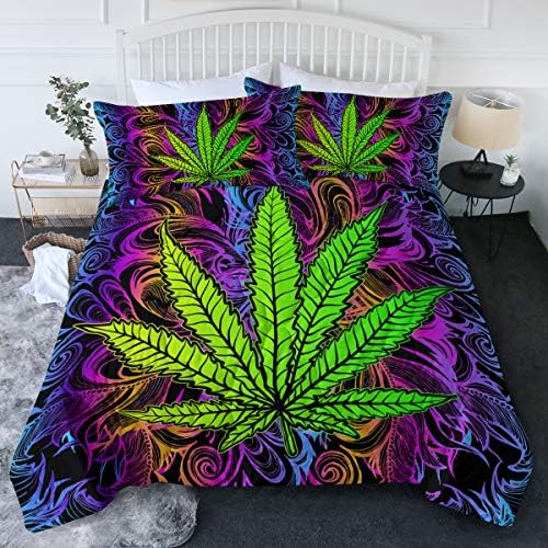 Cannabis Leaf Comforter Set 3 Pcs Rainbow Weed Bedding Trippy Leaves ...