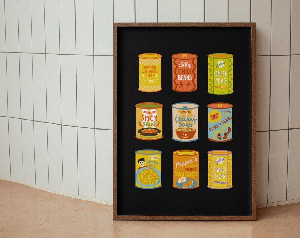 Canned Goods Kitchen Poster • Black Funky Food Art Prints • Cute ...