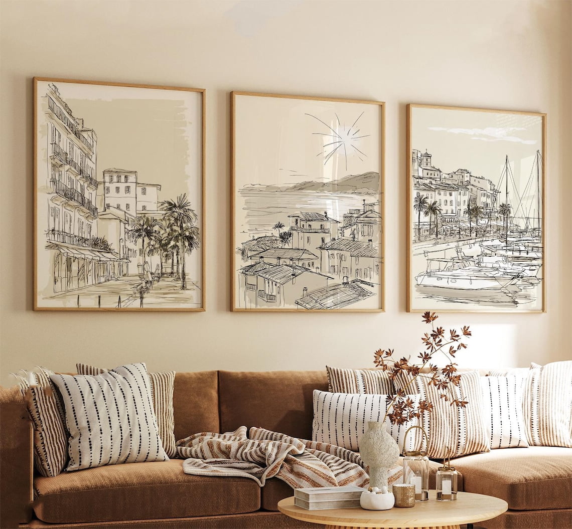 Cannes France Minimal Line Drawing Coastal Cityscape Wall Art Set 3 ...
