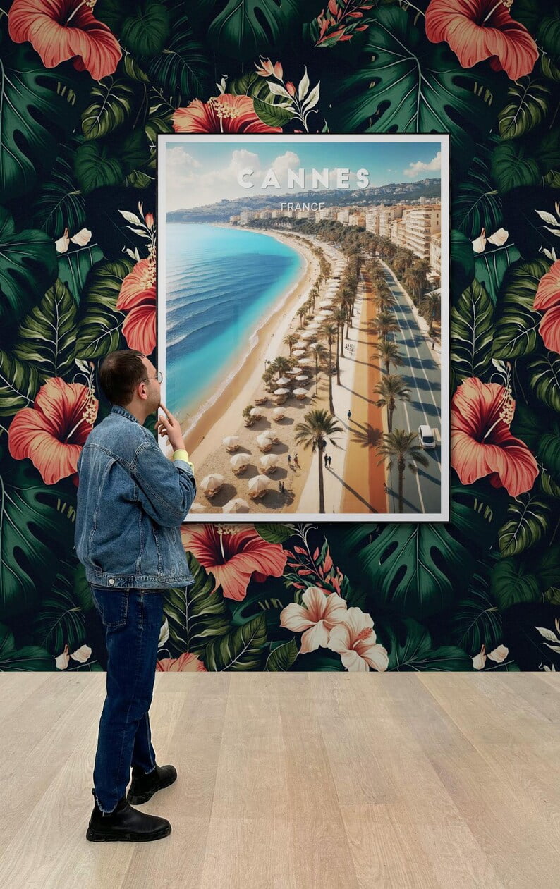 Cannes Poster: Scenic Beachfront Promenade With Palm-Lined Streets And ...