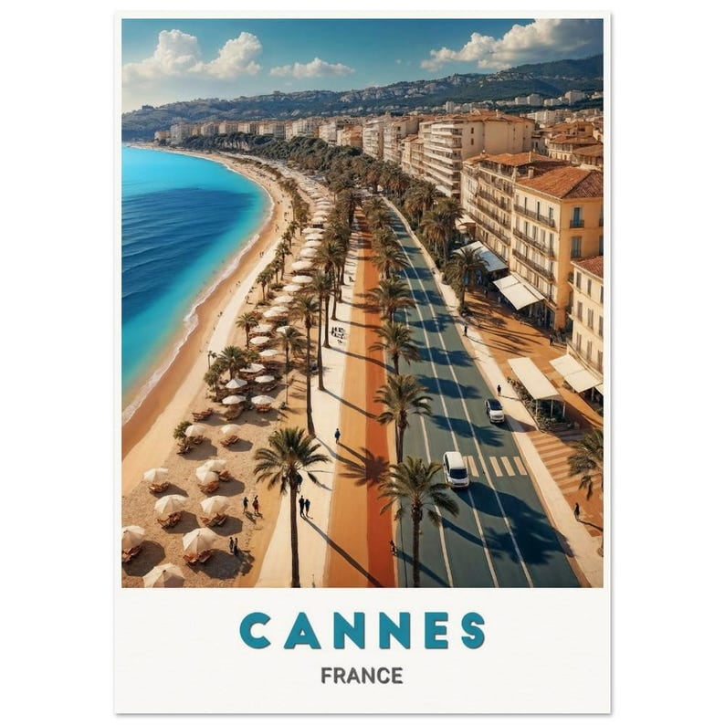 Cannes Poster: Scenic Beachfront Promenade With Palm-Lined Streets And Azure Waters, Captivating ...