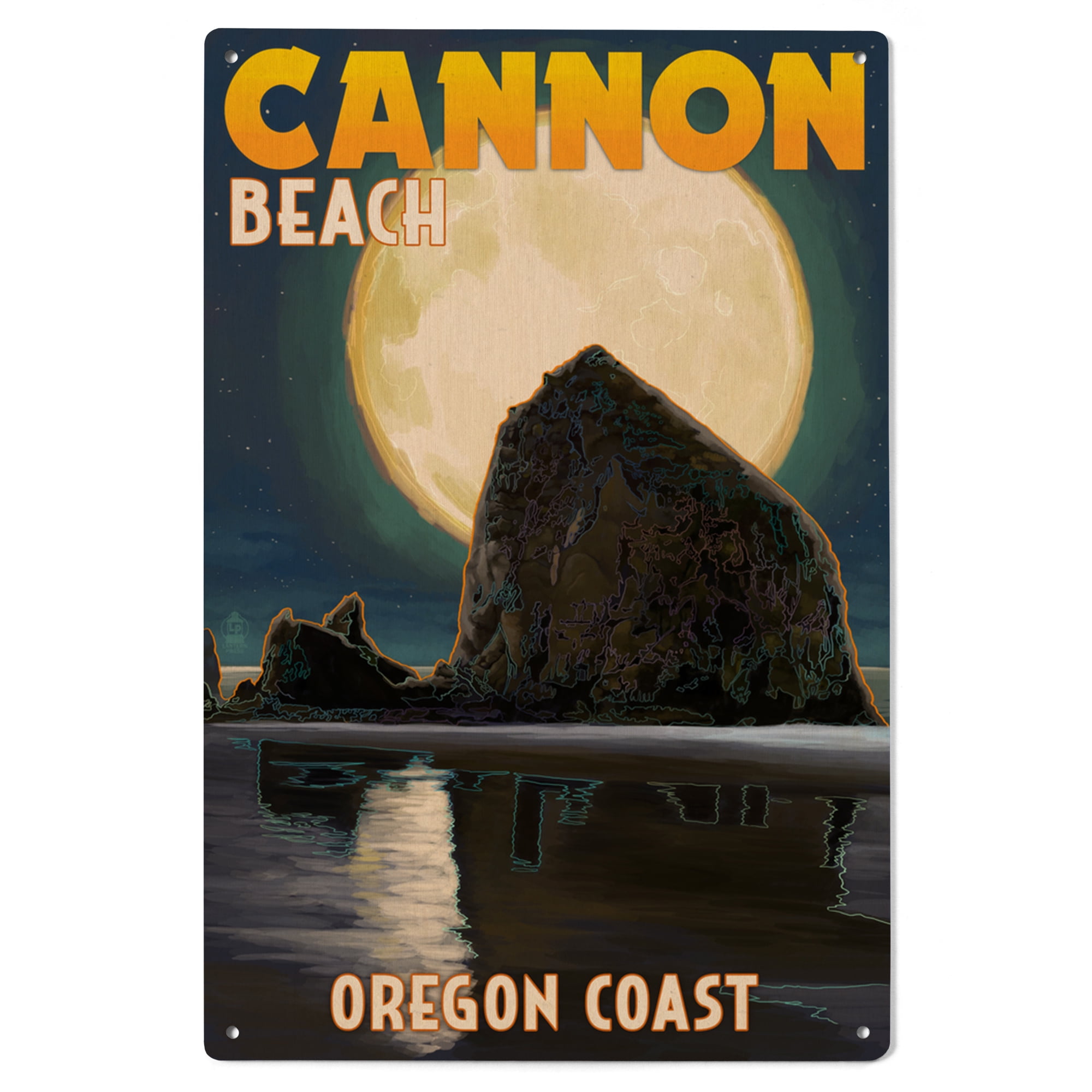 Cannon Beach, Oregon, Haystack Rock and Full Moon Birch Wood Wall Sign ...