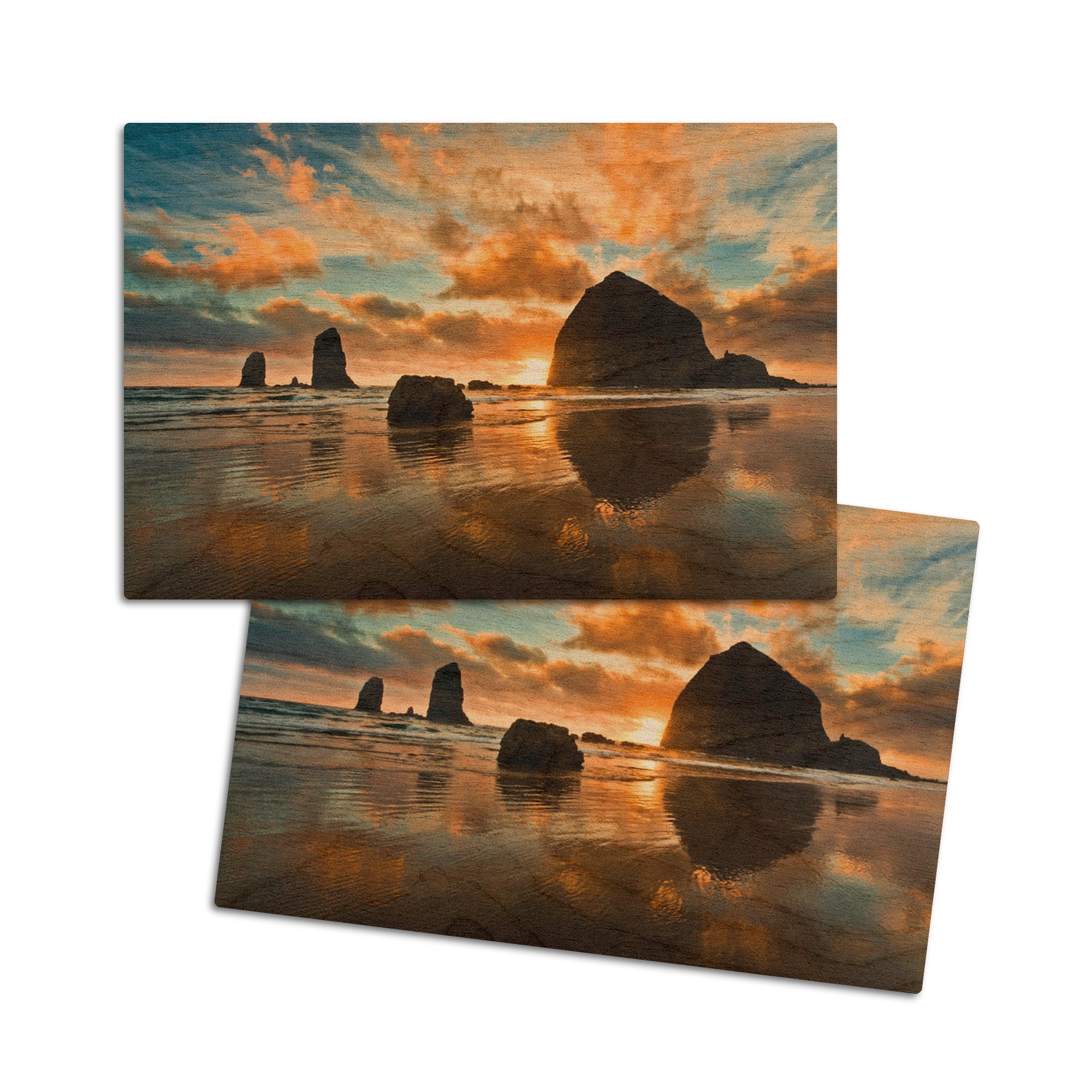Cannon Beach, Oregon, Haystack Rock at Sunset (4x6 Birch Wood Postcards ...