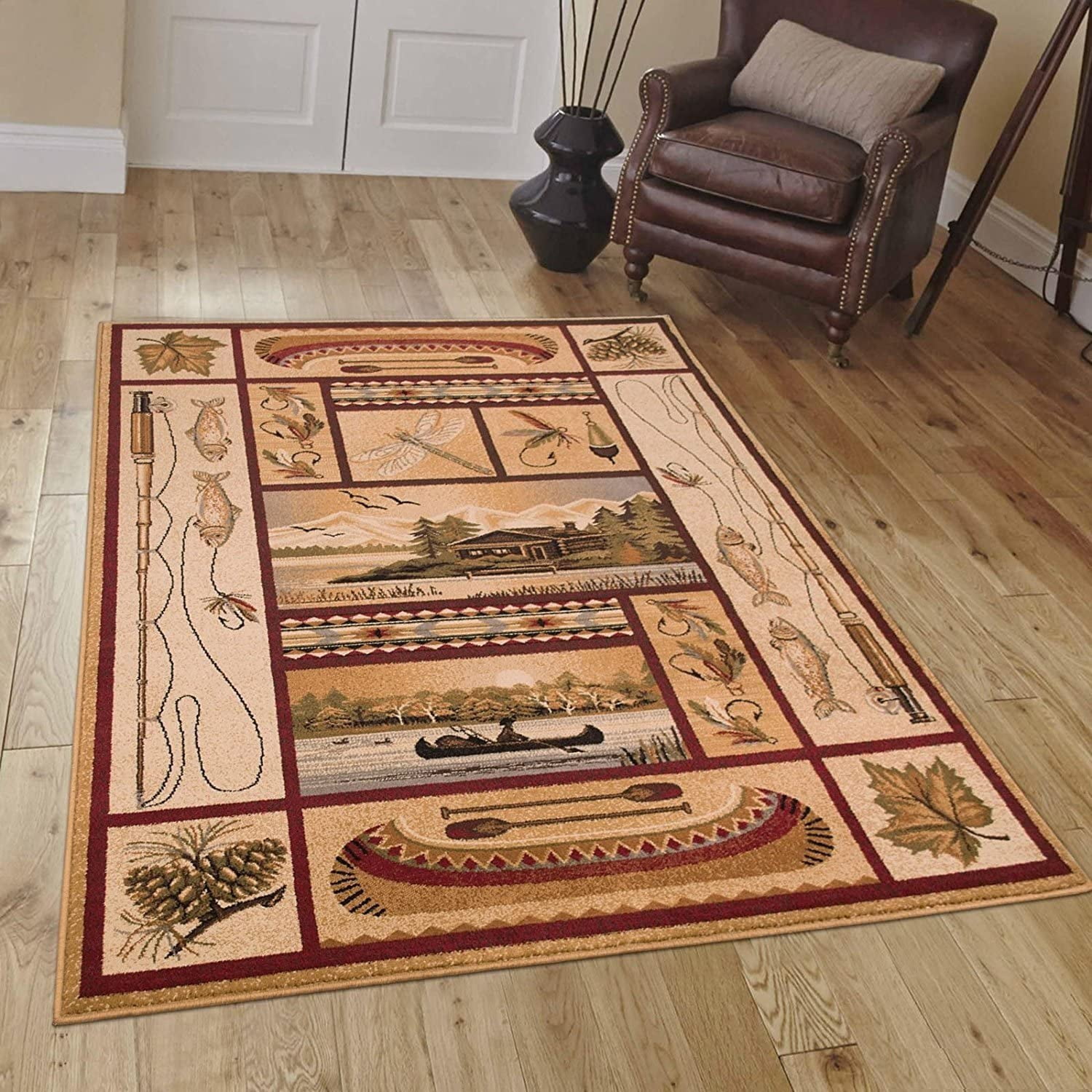 Canoe Fishing and Cabin Scene Area Rug (2 Feet X 3 Feet 2 Inch ...