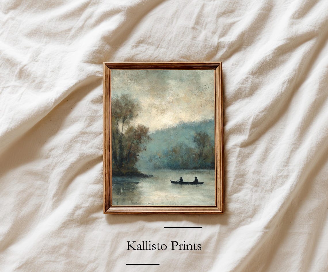 Canoe Lake Landscape Print Poster Misty River Boat , Vintage Style Wall ...