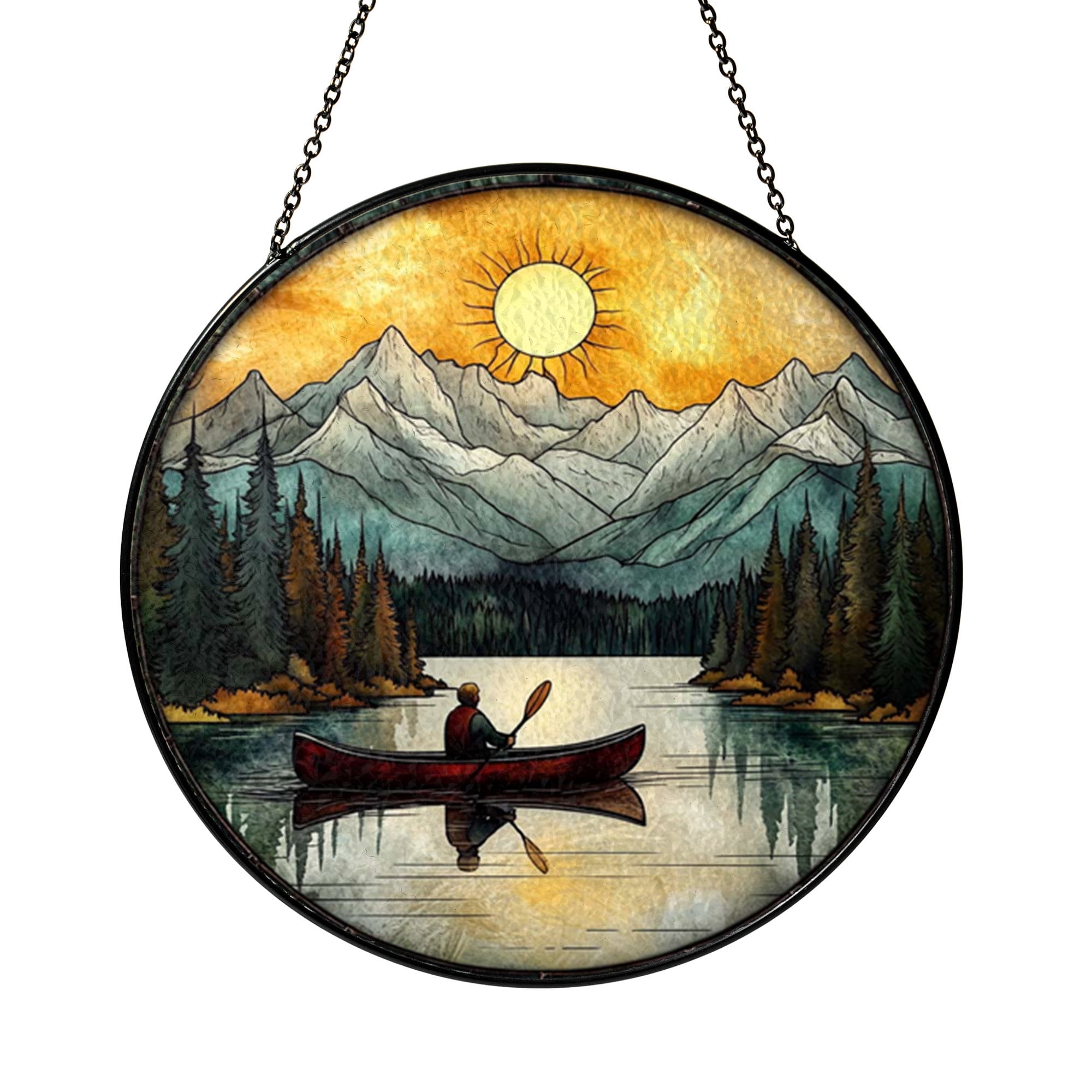 Canoe Lake Landscape Stained Glass Style Suncatcher Window Hanging ...