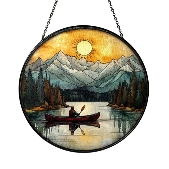 Canoe Lake Landscape Stained Glass Style Suncatcher Window Hanging ...