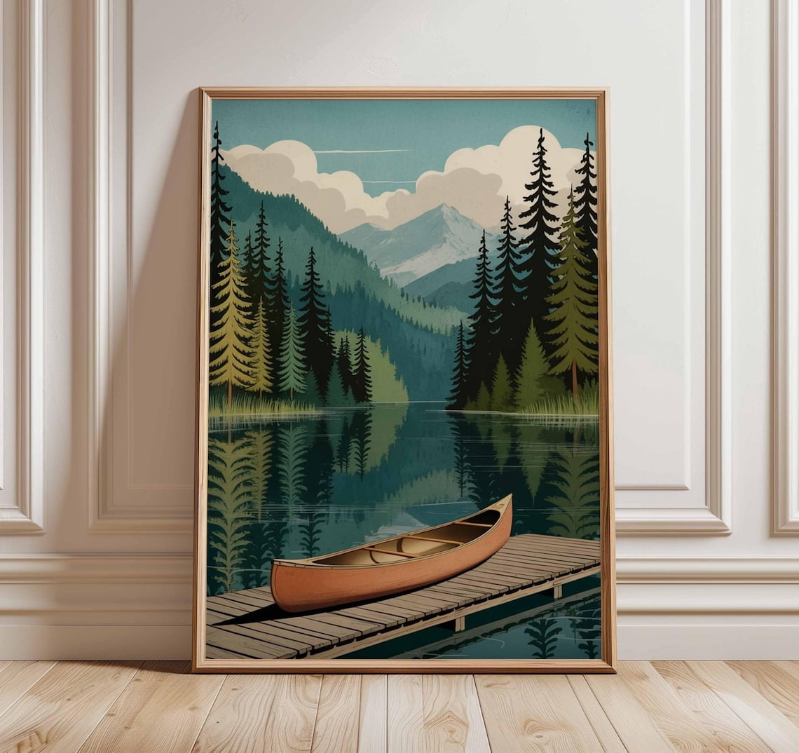 Canoe Lake Mountain Forest Nature Landscape Scenic Lakehouse Decor ...