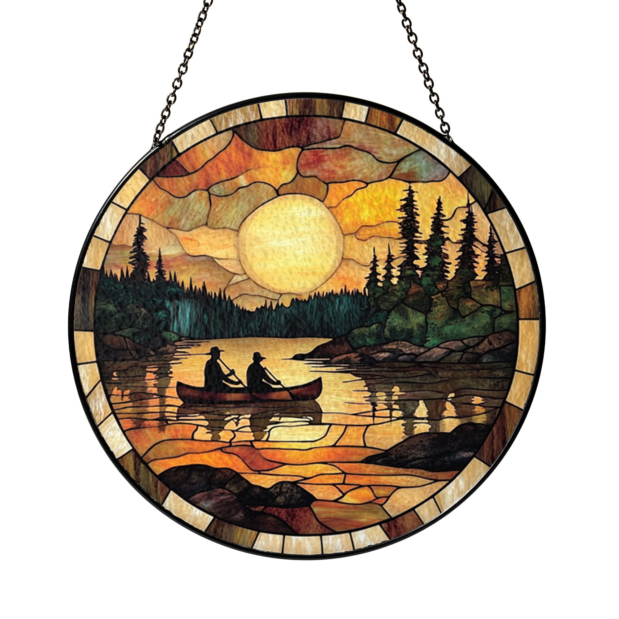 Canoe Lake Sunset Stained Glass Round Suncatcher – Cabin Landscape ...