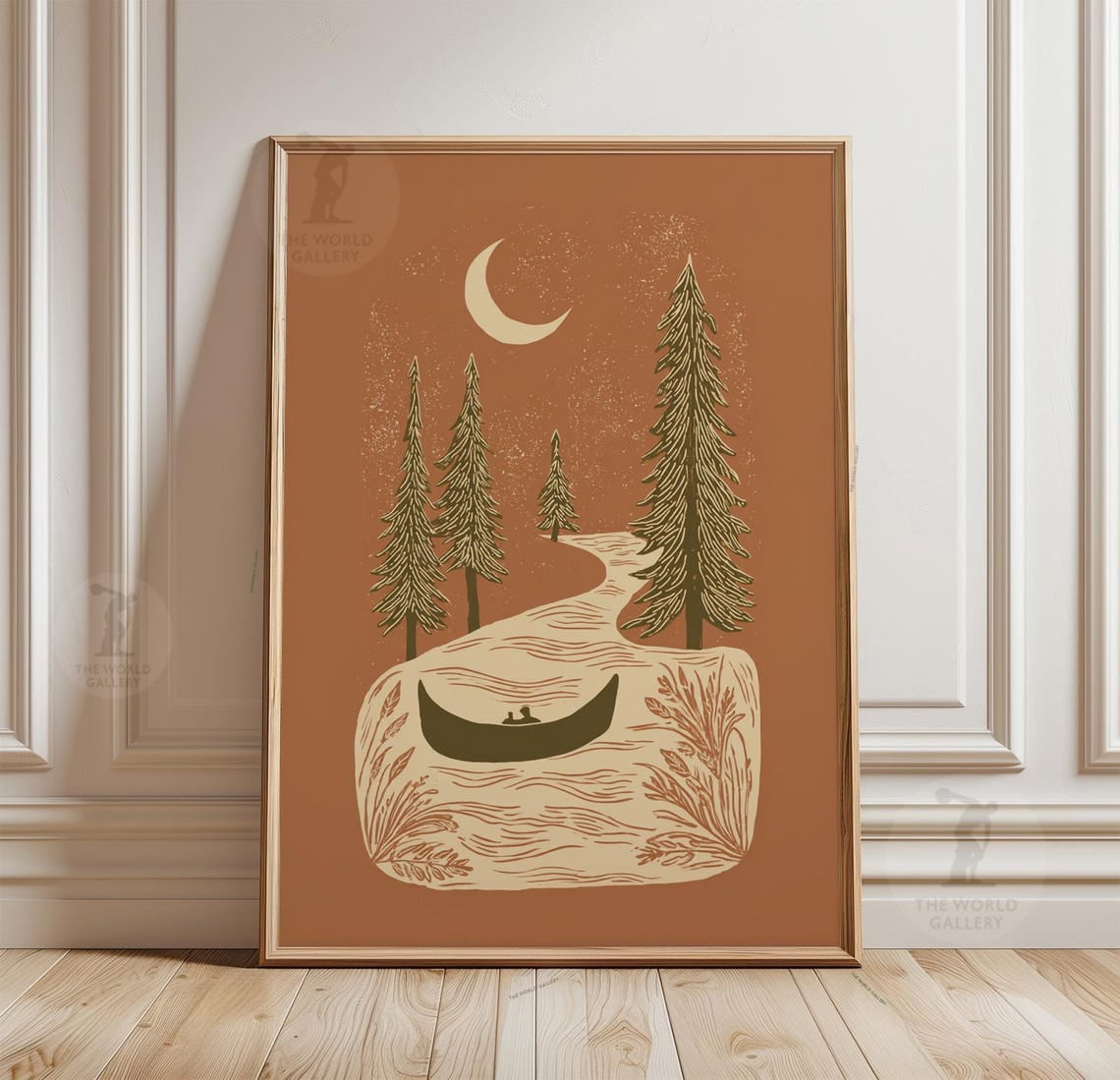 Canoe River Poster Rustic Forest Landscape Minimal Woodblock Nature ...