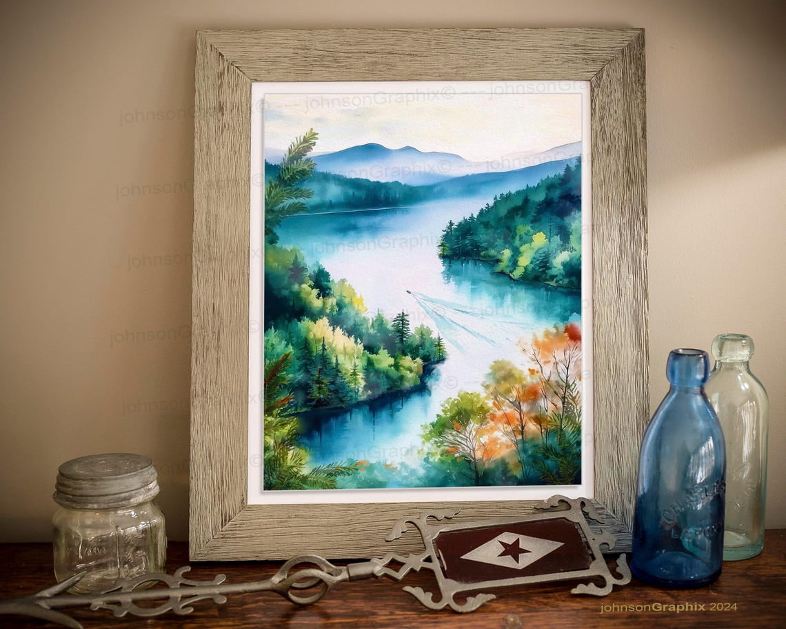 Canoe Sunset Landscape Poster Foggy Lake Mountain Forest Art Unframed ...