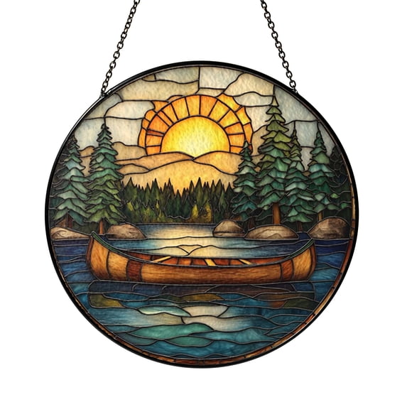 Canoe on Forest Lake Stained Glass Suncatcher, Rustic Cabin Window ...