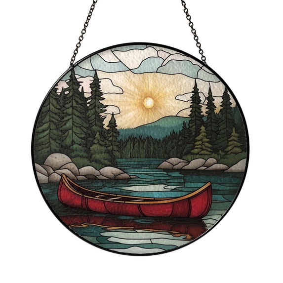 Canoe on Forest Lake Stained Glass Suncatcher, Scenic Window Hanging ...