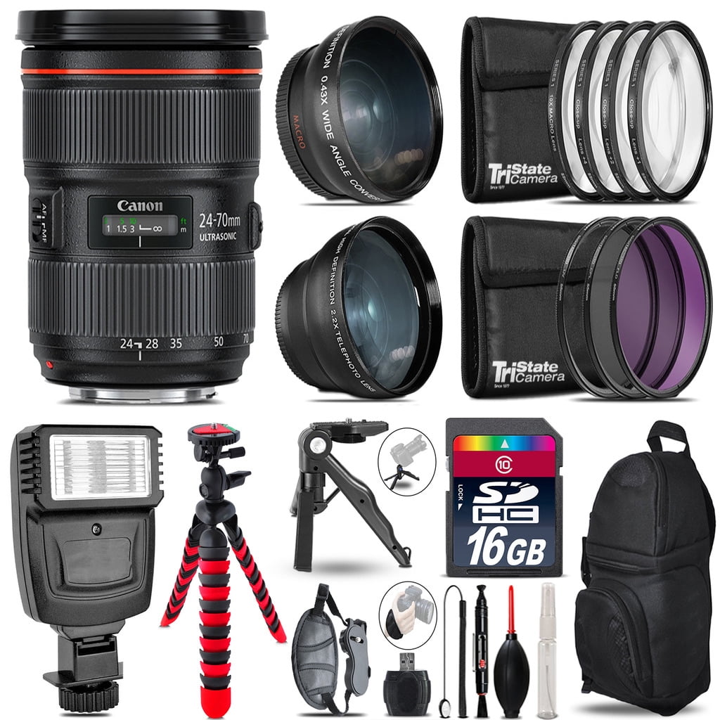 Canon 24-70mm 2.8 II -3 Lens Kit + Slave Flash + Tripod - 16GB Accessory Bundle (International ...