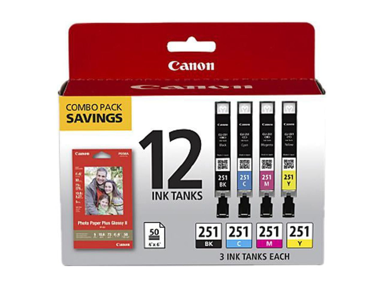 Canon (CLI-251) BK/CMY 12-Color Ink Cartridge + Photo Paper Combo Pack ...