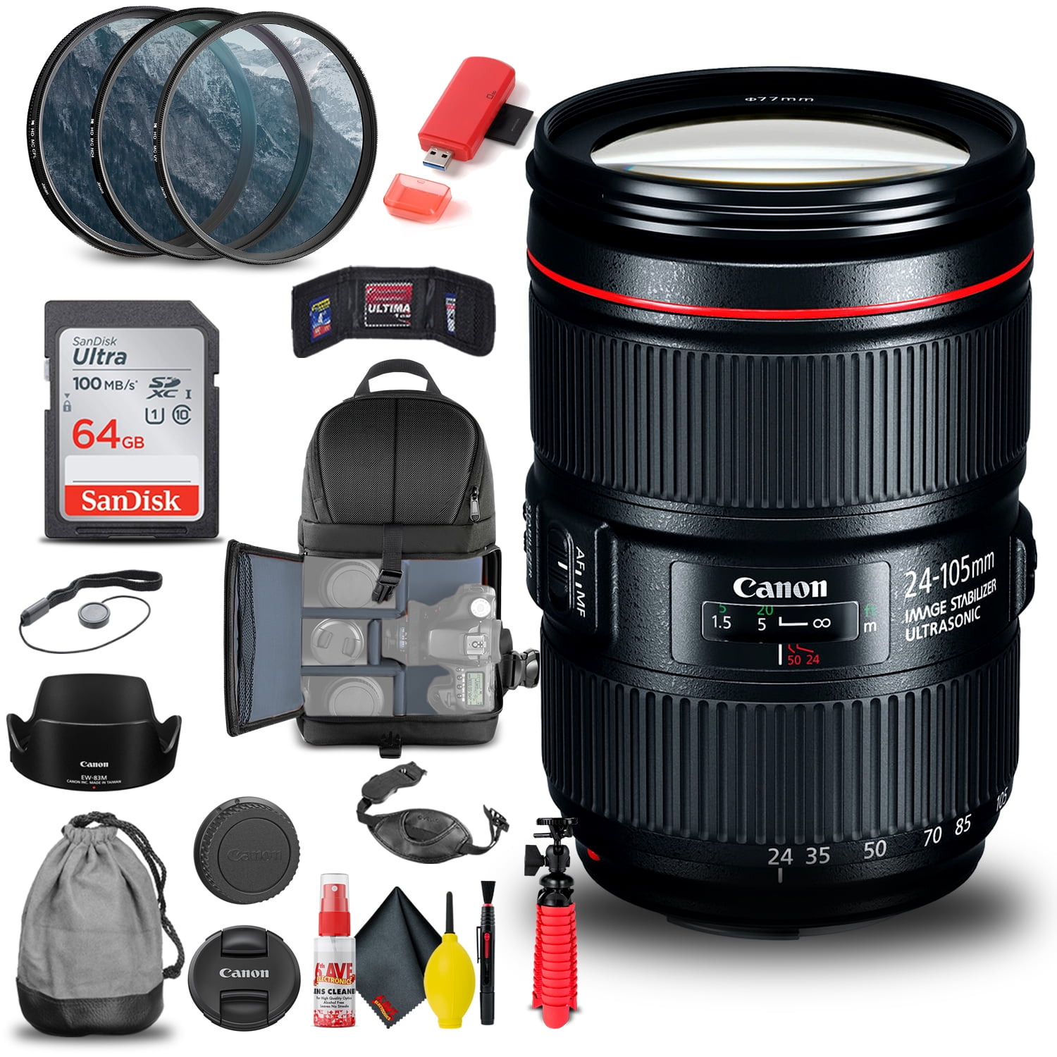 Canon EF 24-105mm f/4L Lens Kit, USM II, 64Gb Card, Tripod, Cleaning ...