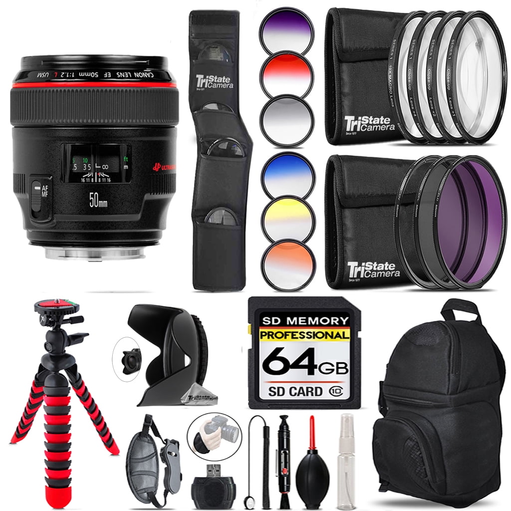 Canon EF 50mm f/1.2L USM Lens + 12-Piece Comprehensive Filter Kit - 64GB (International Version ...