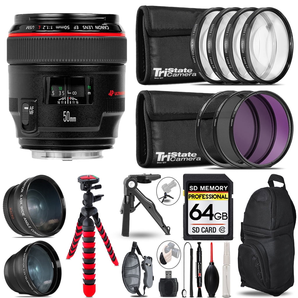 Canon EF 50mm f/1.2L USM Lens + 19-Piece Explorer Backpack Kit - 64GB ...