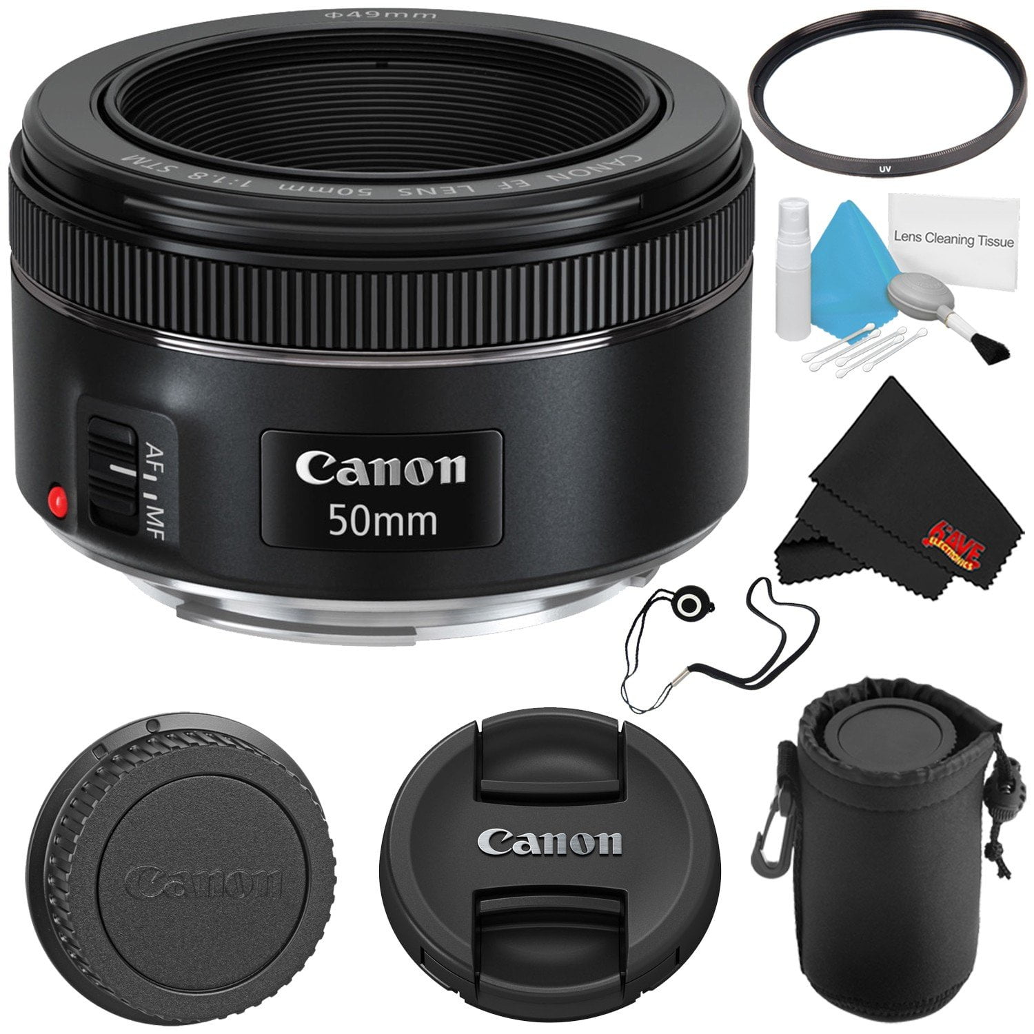 Canon EF 50mm F/1.8 STM Lens 0570C002 + 49mm UV Filter + Deluxe Lens ...
