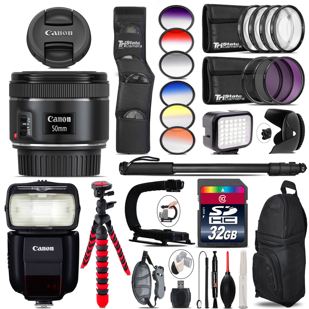 Canon EF 50mm f/1.8 STM Lens + Speedlite 430EX + LED - 32GB Accessory ...