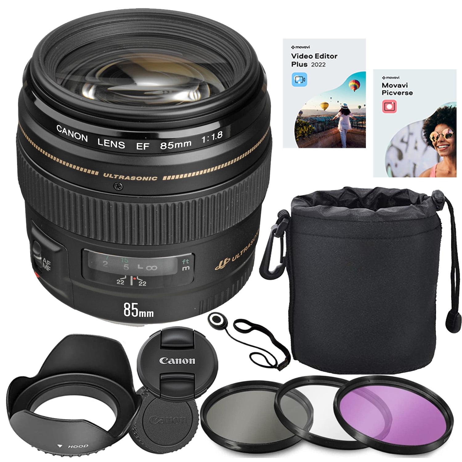 Canon EF 85mm f/1.8 USM Lens Bundle + HD Filter Kit + Lens Cap Keeper ...