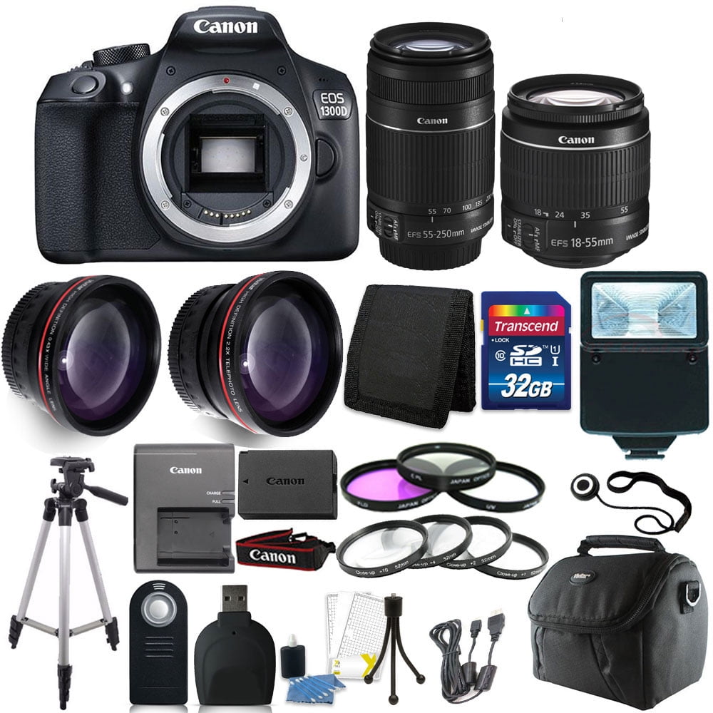 Canon EOS 1300D/T6 18MP DSLR Camera 18-55mm + 55-250mm 4 Lens Deluxe Bundle - Walmart.com