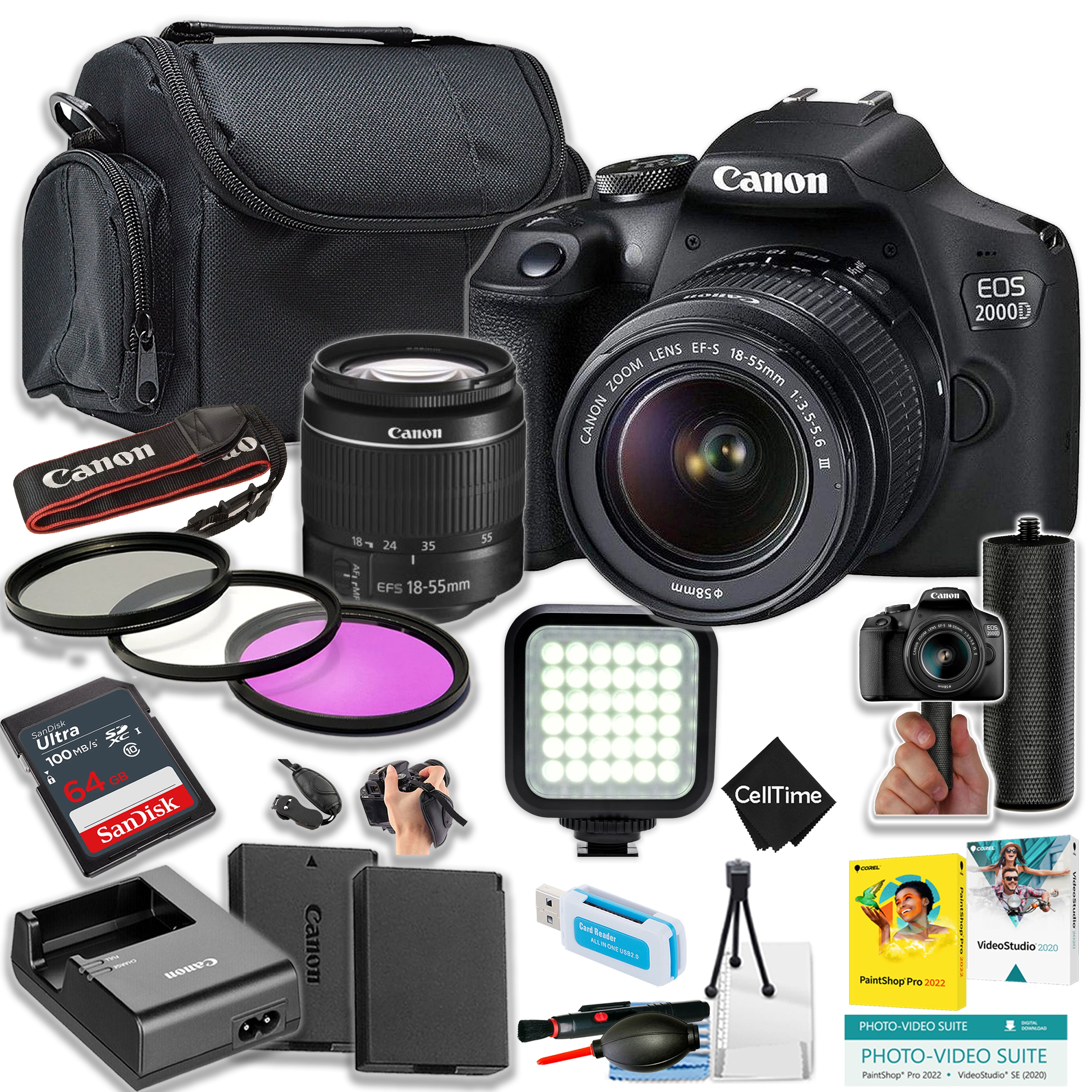 Canon EOS 2000D DSLR Camera w/EF-S 18-55mm DC III Lens + 64GB SanDisk ...