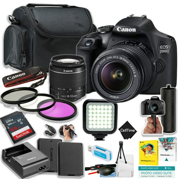 Canon EOS 2000D DSLR Camera w/EF-S 18-55mm DC III Lens + 64GB SanDisk ...