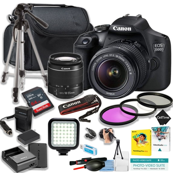 Canon EOS 2000D DSLR Camera w/EF-S 18-55mm DC III Lens + 64GB SanDisk ...
